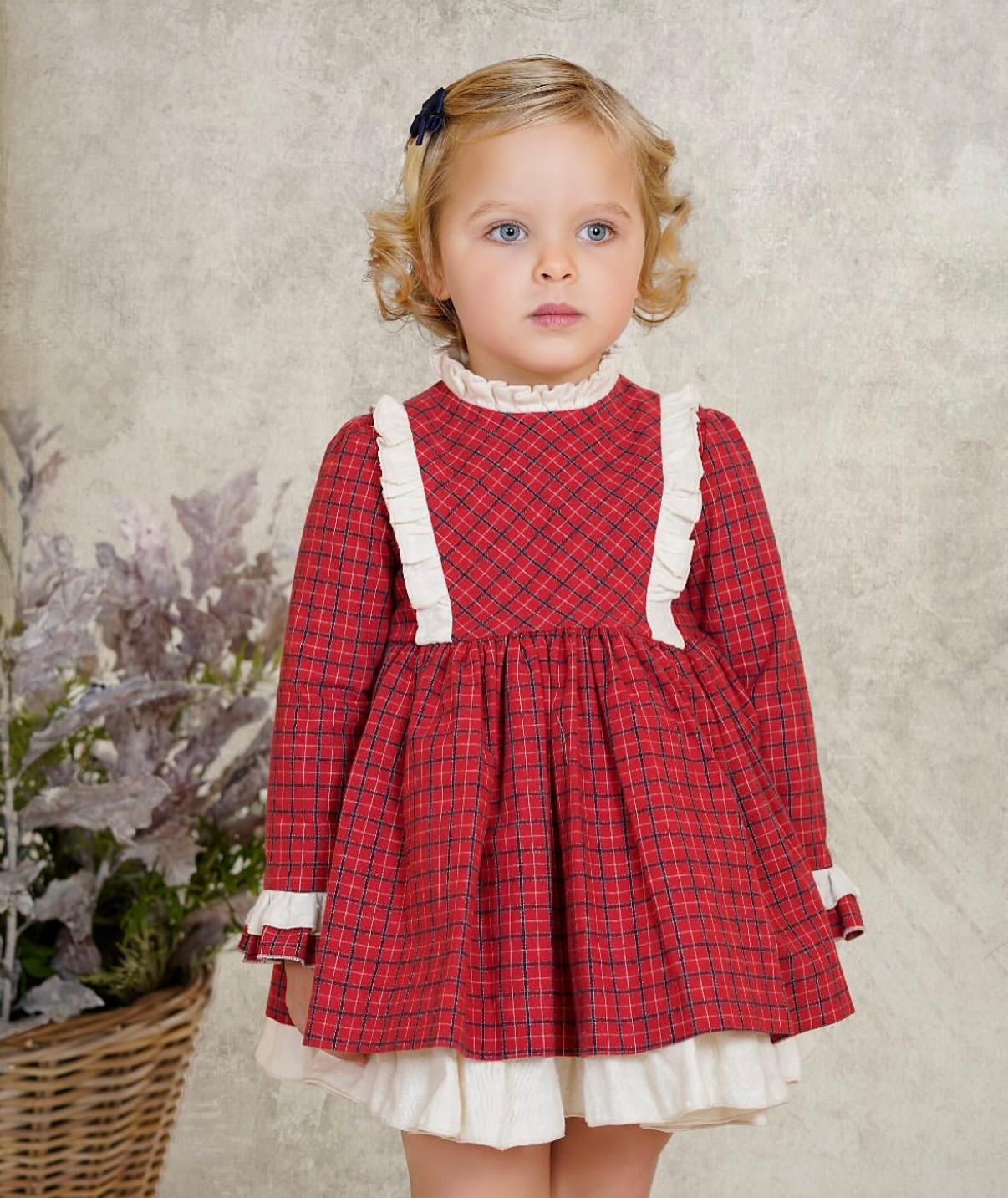 AW25 DBB Girls Red Check Dress with Cream Ruffle Trim – Baby Basics Grays